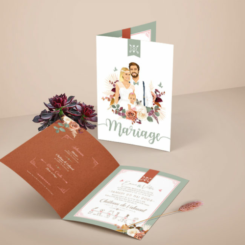 faire-part de mariage bohème nature - invitations terracotta, vert sauge